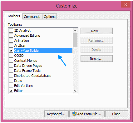 CarryMap Builder Help - Adding CarryMap Builder tools to ArcMap toolbar